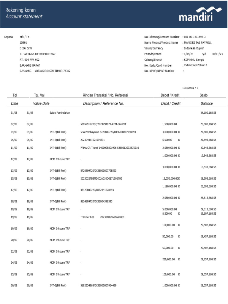 Rek Mandiri Sep New PDF | PDF | Personal Finance | Financial Services