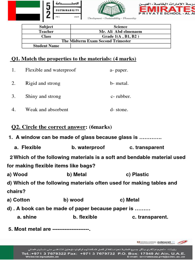Grade 1 Science Midterm Exam Guide | PDF