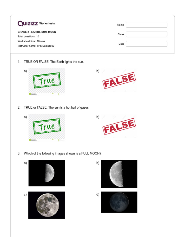 GRADE 2 - EARTH, SUN, MOON - Quizizz | PDF