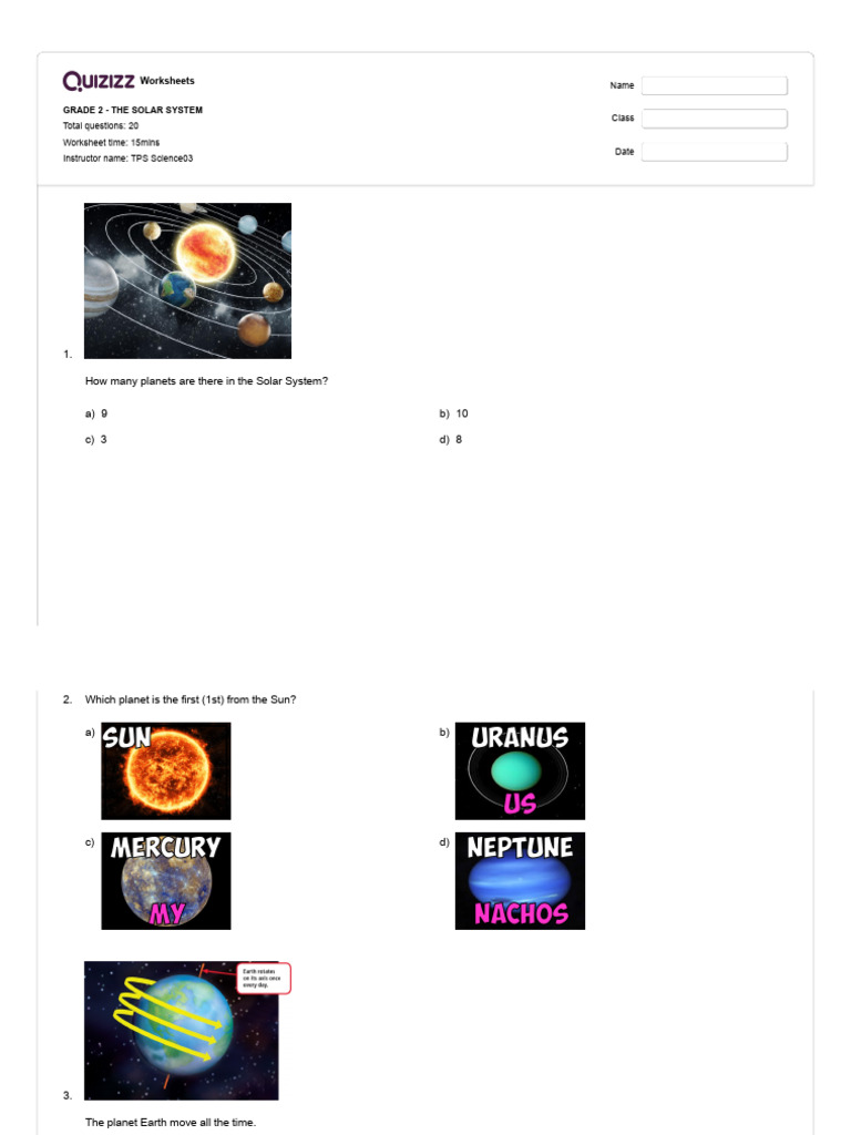Grade 2 Solar System Quiz Worksheet | PDF | Moon | Planets