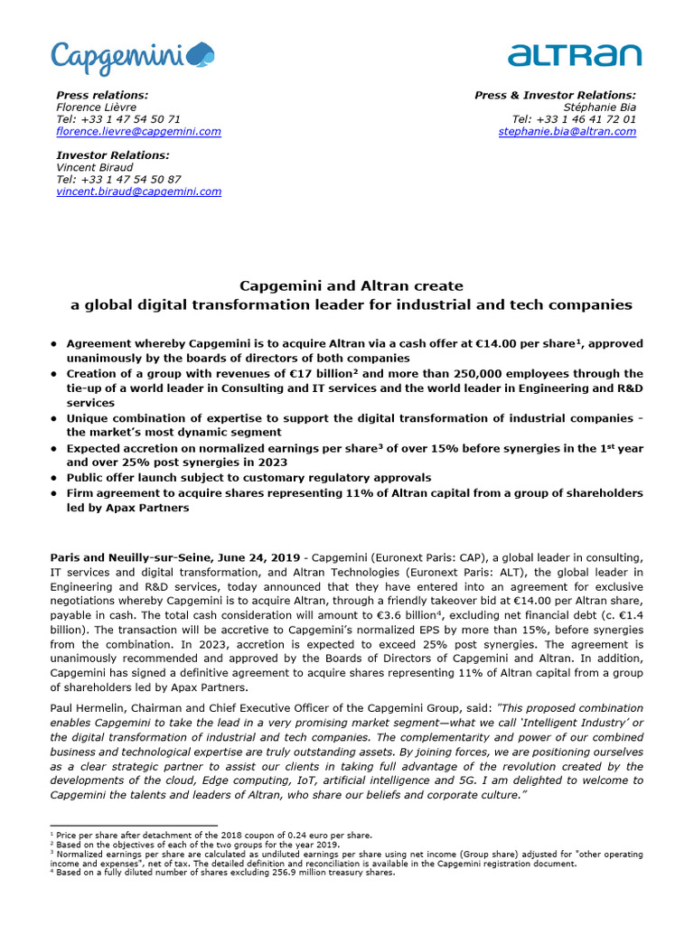 Capgemini - 2019-06-24 - Capgemini To Acquire Altran | PDF | Business ...