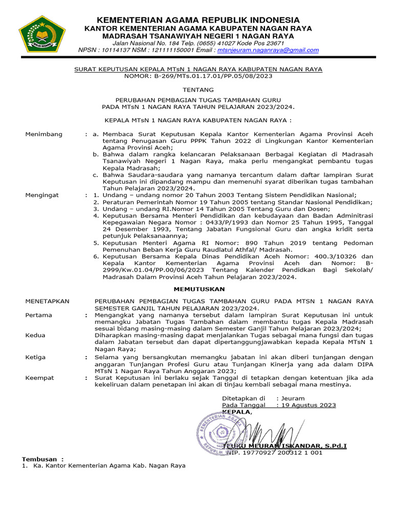 SK Tugas Tambahan Guru TP 2023-2024 | PDF