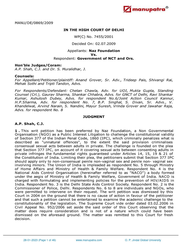 Naz Foundation V Govt of NCT Delhi | PDF | Right To Privacy | Homosexuality