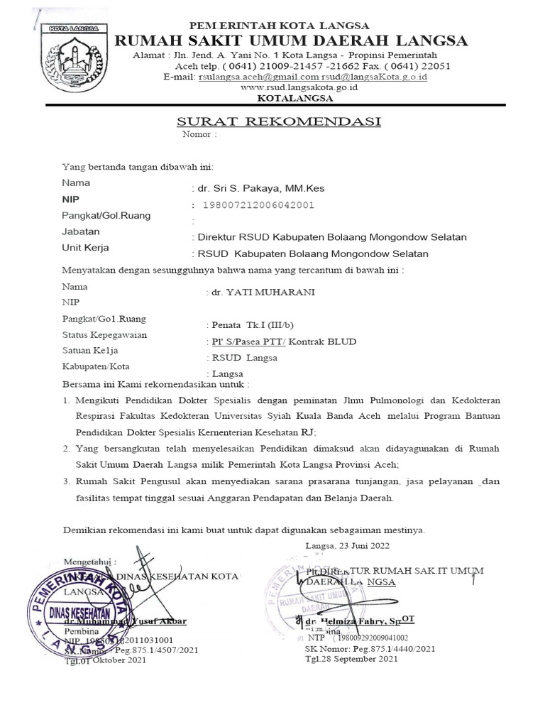 Surat Rekomendasi Rsud - 1 | PDF