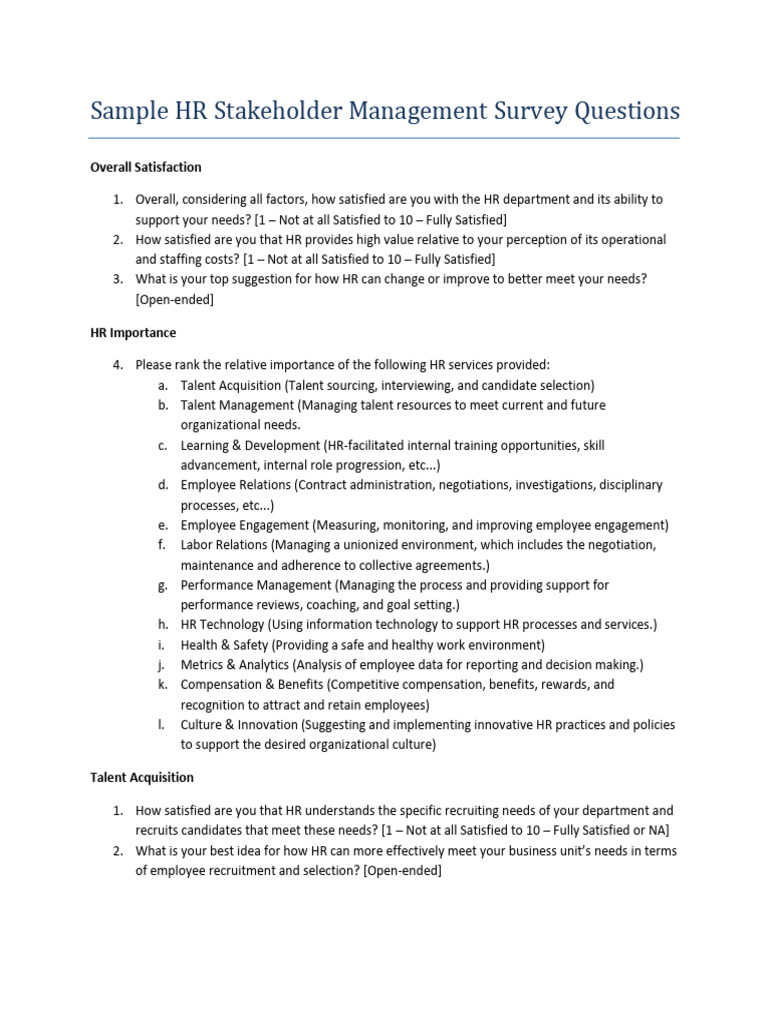 HR Stakeholder Management Survey Questions | PDF | Human Resources ...