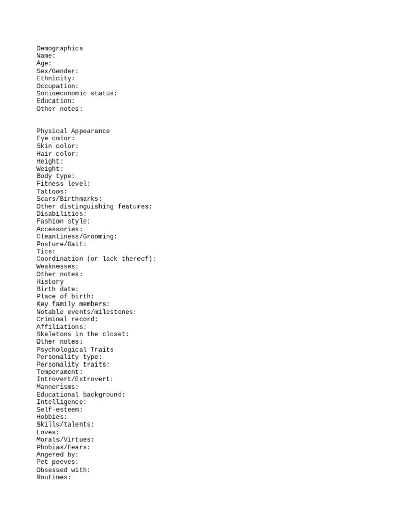 Character Profile Template | PDF