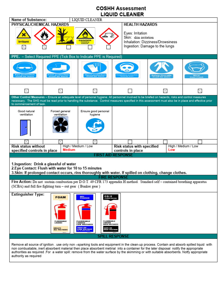 1 COSHH Assessment Substance Handling Sheet - 1 Liquid Cleaner | PDF ...