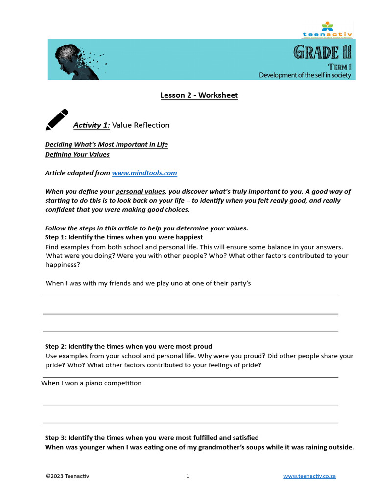 LO - Term 1 - Lesson 2 - Worksheet 1 Answer | PDF | Happiness | Quality ...