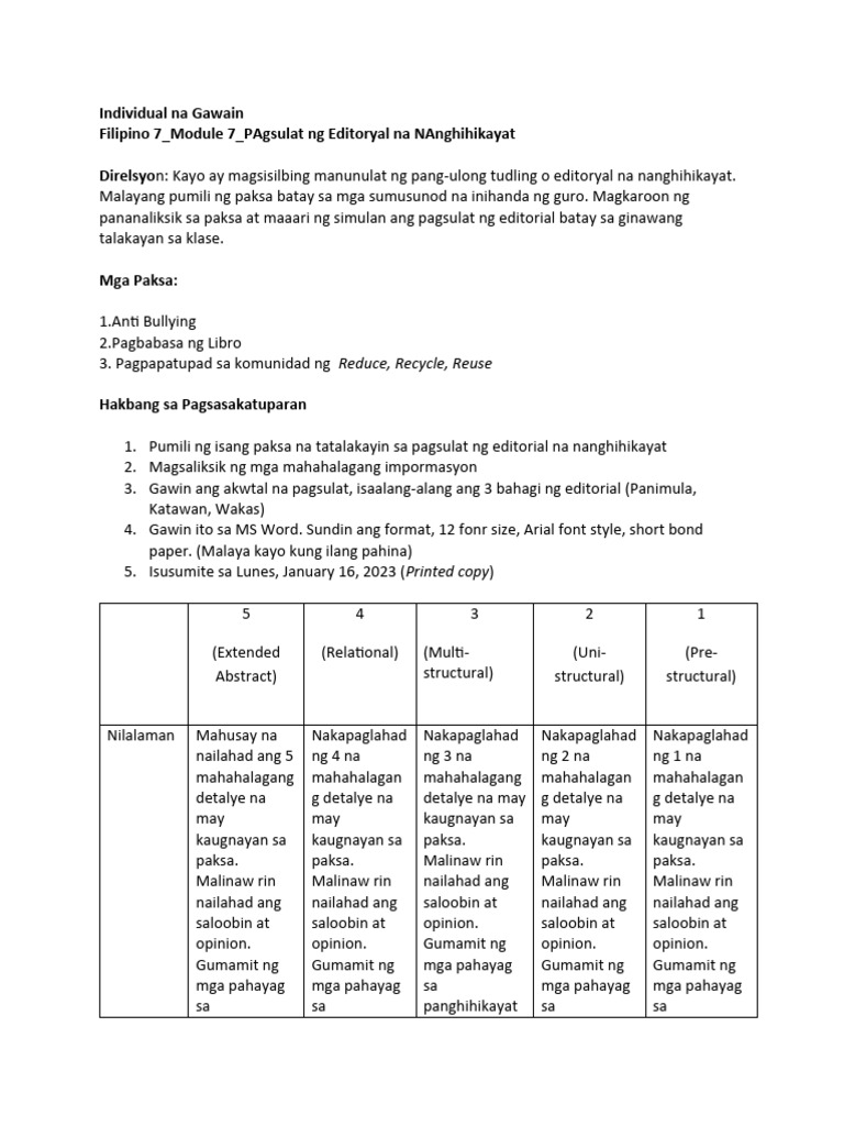 Pagsulat NG Editoryal Na Nanghihikayat - Indibidwal Na Gawain | PDF