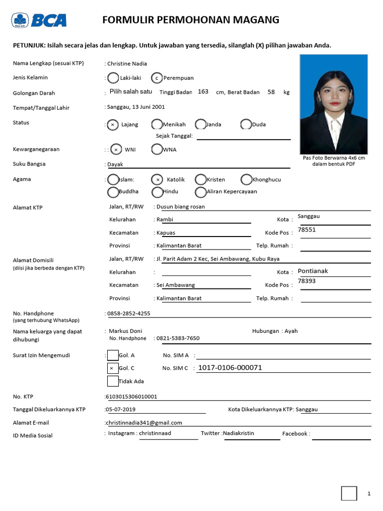Formulir Permohonan Magang Bakti (Christine Nadia) | PDF