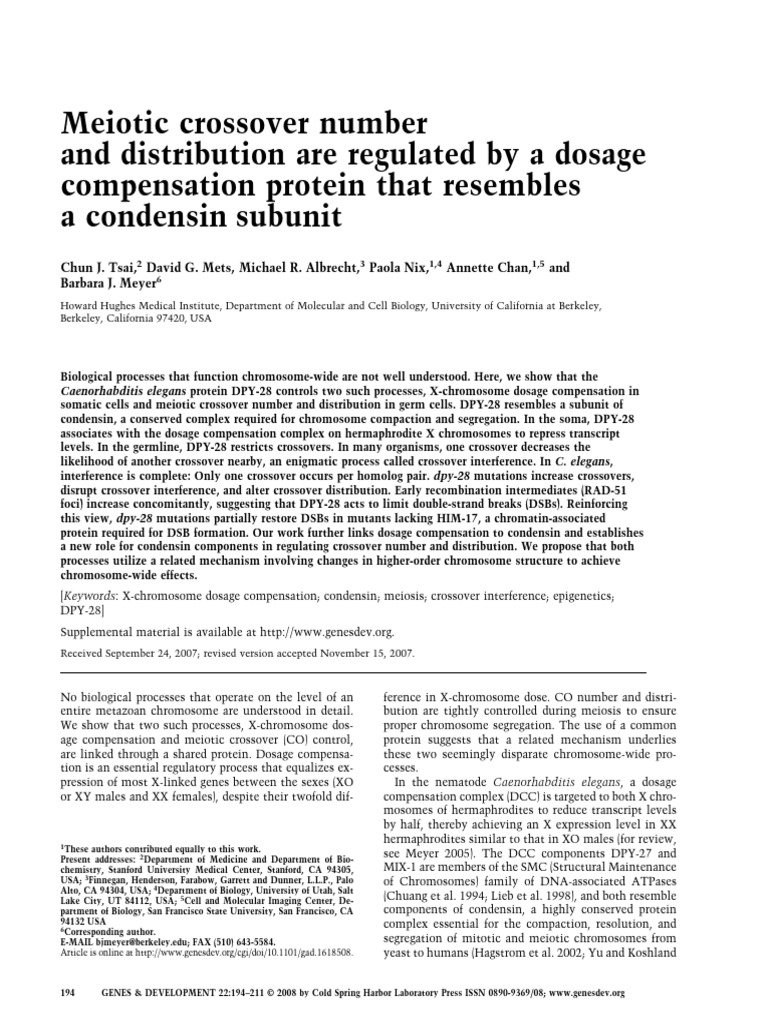 Meiotic Crossover Number And Distribution Are Regulated By A Dosage Compensation Protein That 
