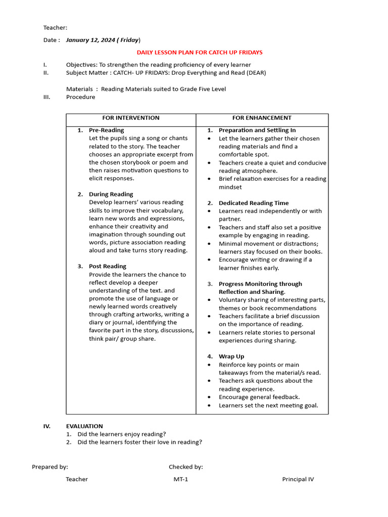 DLL For Catch Up Fridays | PDF | Teachers | Learning