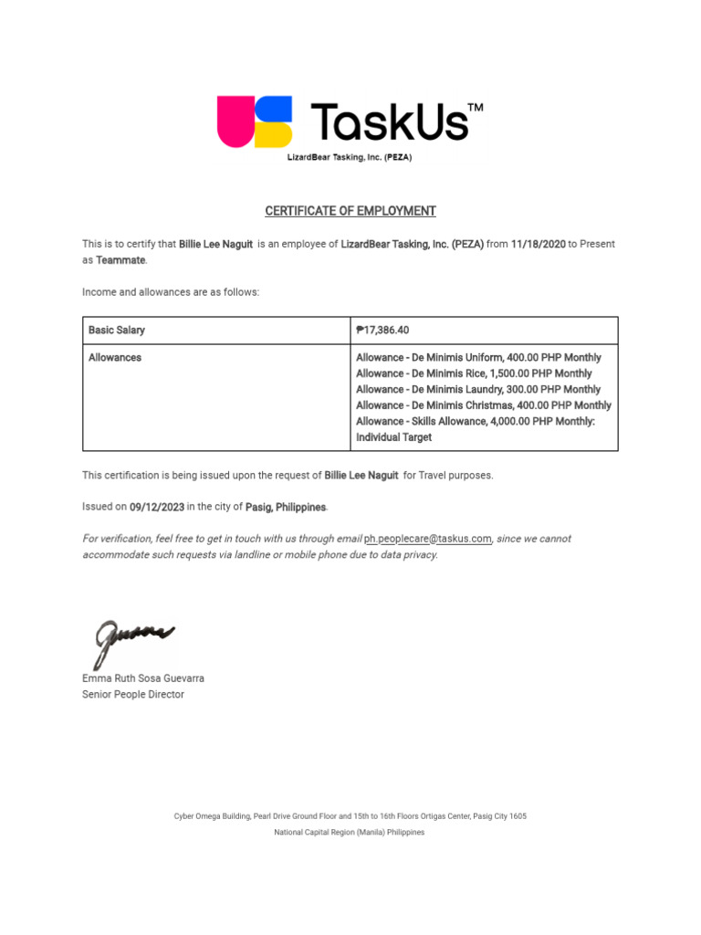 Certificate of Employment (Coe) For PH 2023-09-12 | PDF