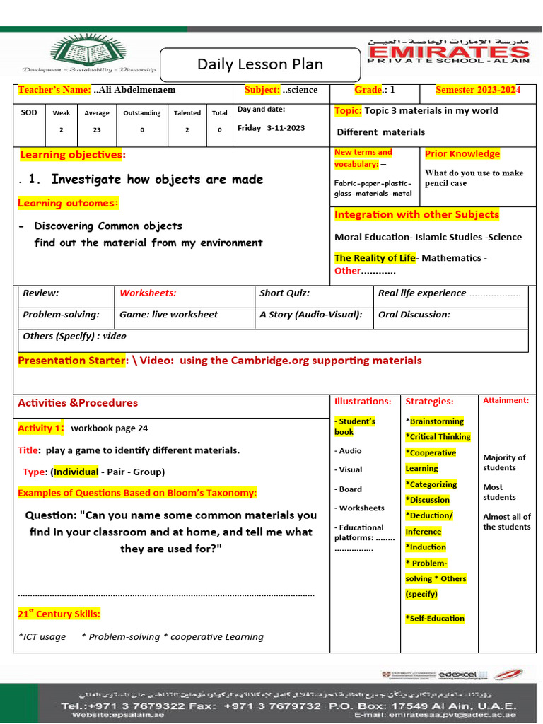 lesson plan- grade 1 materials | PDF