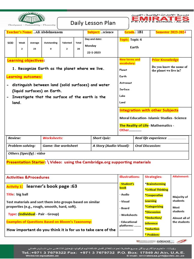 Grade 1 Earth Science Lesson Plan | PDF | Lesson Plan | Learning