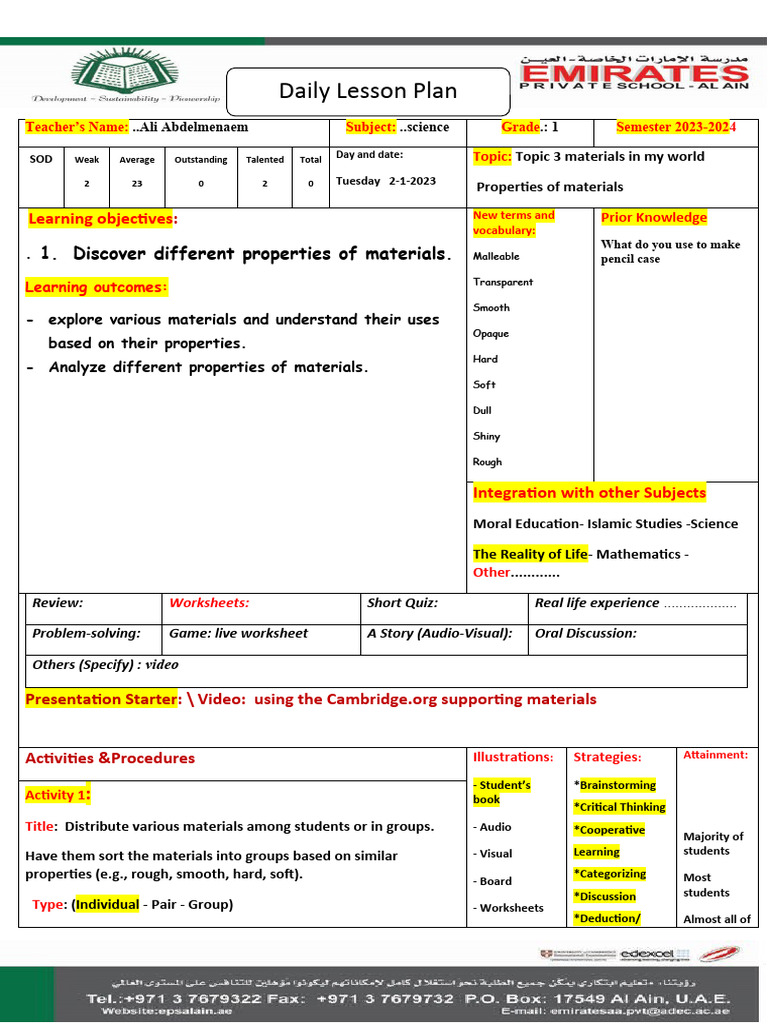 Lesson Plan - Grade 1 Materials2 | PDF | Lesson Plan | Educational ...