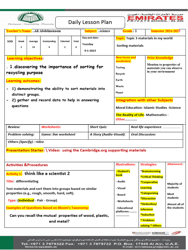 Lesson Plan - Grade 1 Sorting Materials4 | PDF