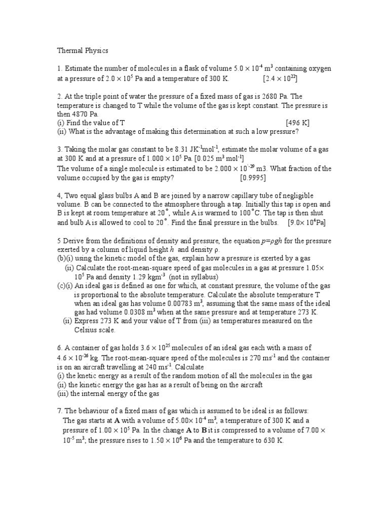 Thermal Physics Questions | PDF | Gases | Temperature