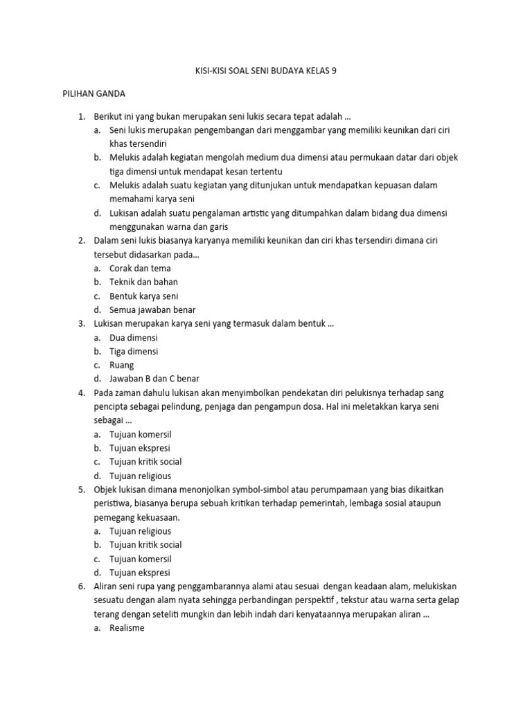 Kisi Kisi Soal Seni Budaya Kelas 9 - 122534 | PDF | Gaya Hidup