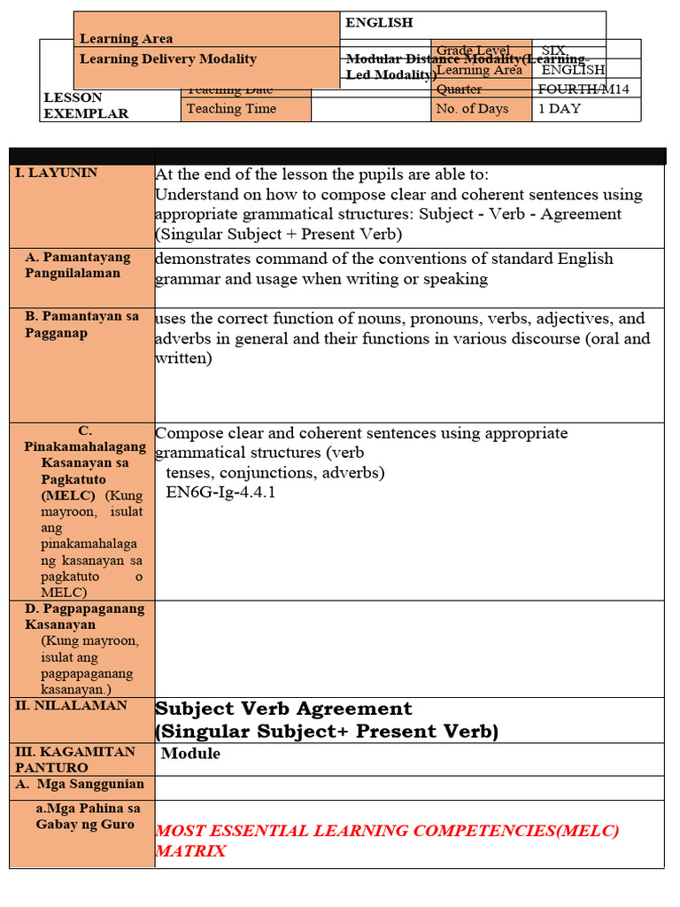 IDEA-EXEMPLAR ENGLISH 6 M 14 q4 | PDF | Grammatical Number | Verb
