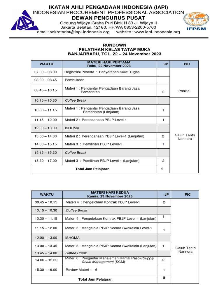 RUNDOWN KEGIATAN Level 1-Kalsel | PDF