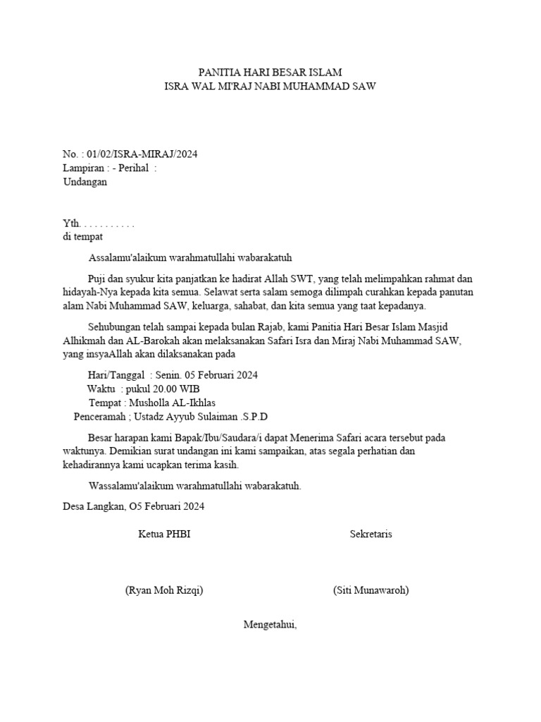 Contoh Surat Undangan Acara Isra Miraj Di Masjid | PDF