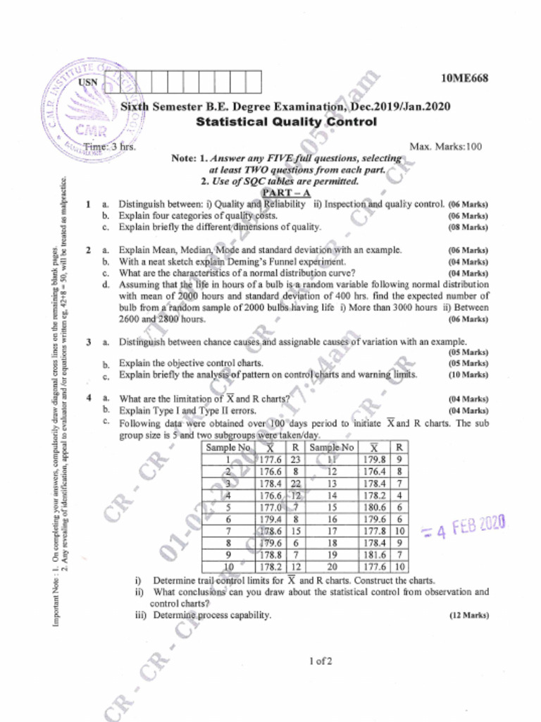 VTU Question Paper of 10ME668 Statistical Quality Control Dec - 2019 | PDF