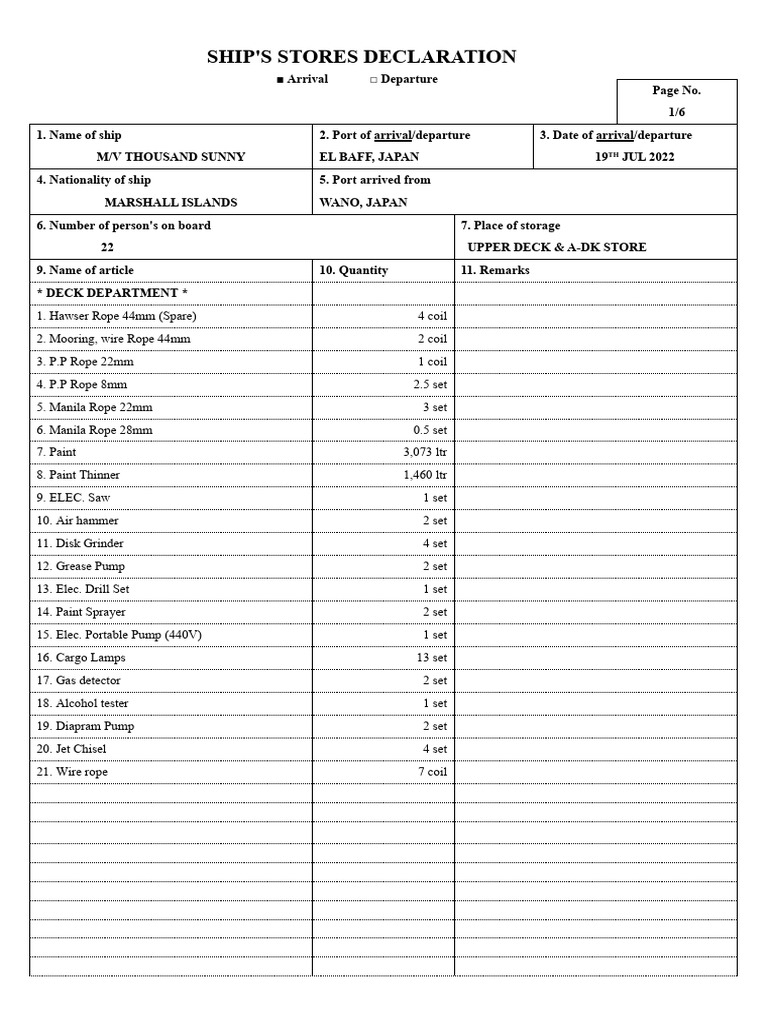 Ship's Stores Declaration Japan | PDF | Pump | Engine Technology