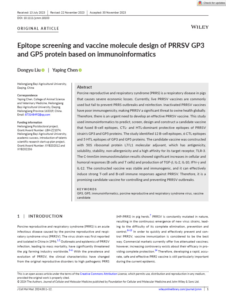 J Cellular Molecular Medi - 2024 - Liu - Epitope Screening and Vaccine Molecule Design of PRRSV ...
