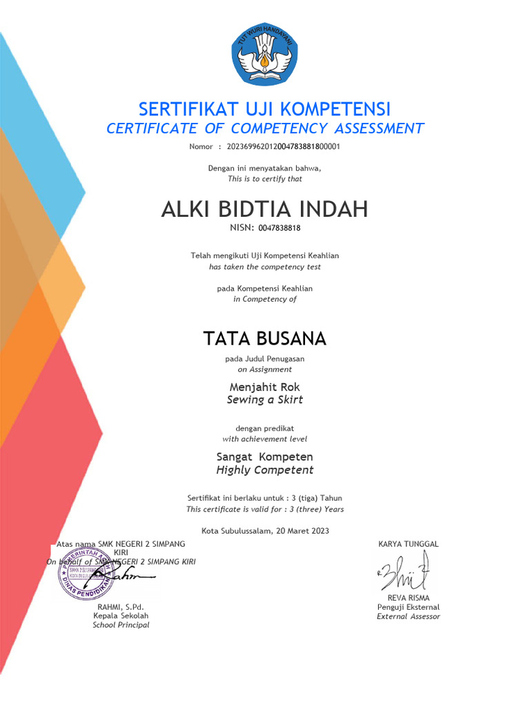 Sertifikat Ukk Alki Bidtia Indah 2023 | PDF