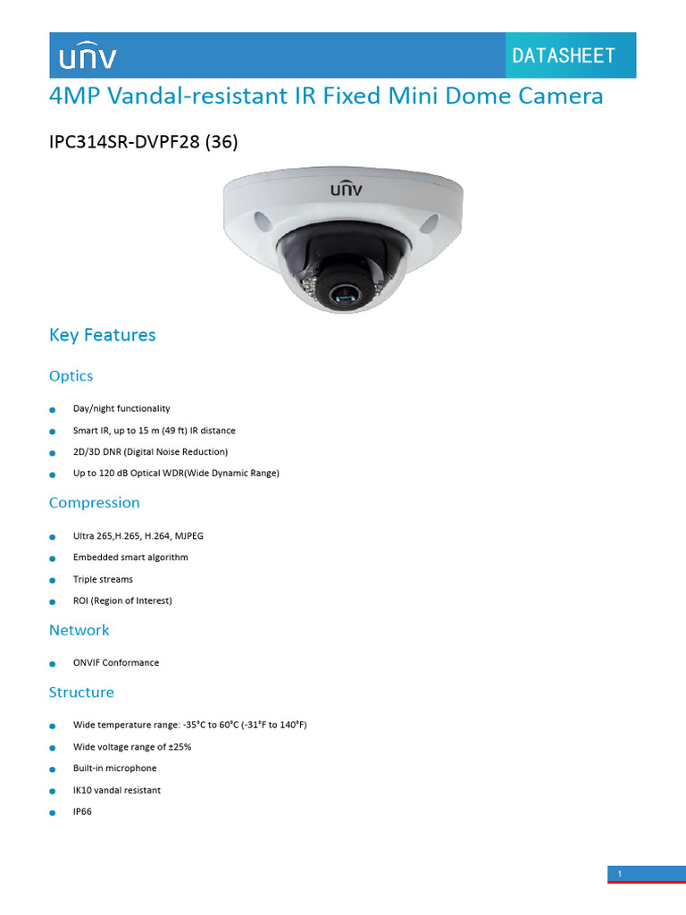 UNV IPC314SR DVPF2836 4MP Vandal Resistant Network IR Fixed Mini Dome Camera V2.4 | PDF | Camera ...