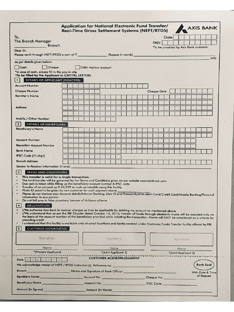 Axis Neft-Rtgs Form | PDF
