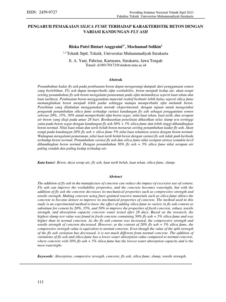 Pengaruh Pemakaian Silica Fume Terhadap Karakteristik Beton Dengan Variasi Kandungan Fly Ash | PDF