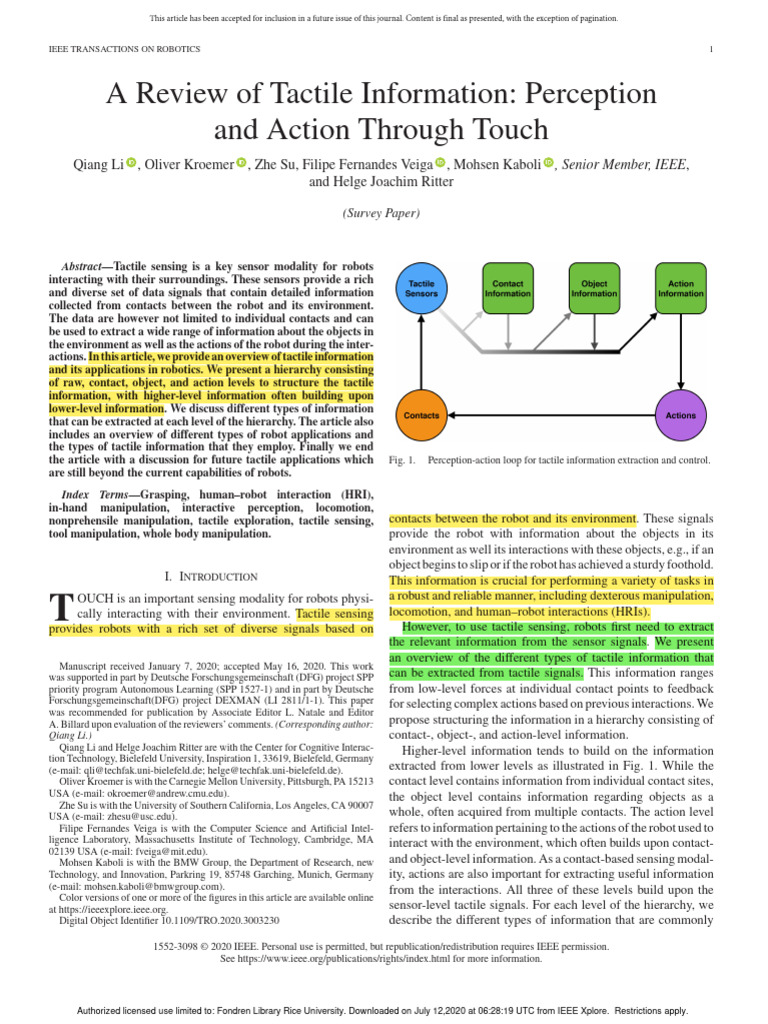 A Review of Tactile Information Perception and Action Through Touch ...