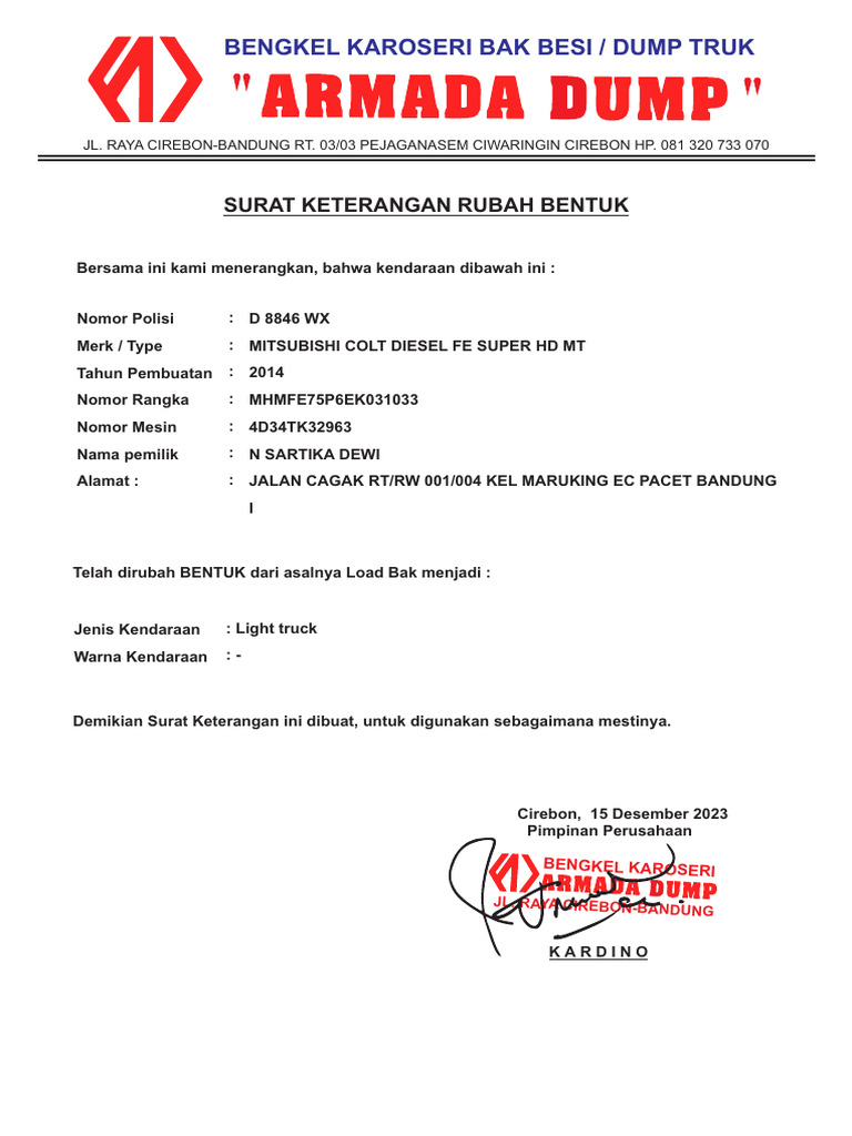 Surat Keterangan Rubah Bentuk Kendaraan | PDF