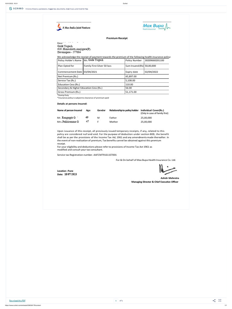 ITR Receipt For Premium | PDF | Insurance | Taxes