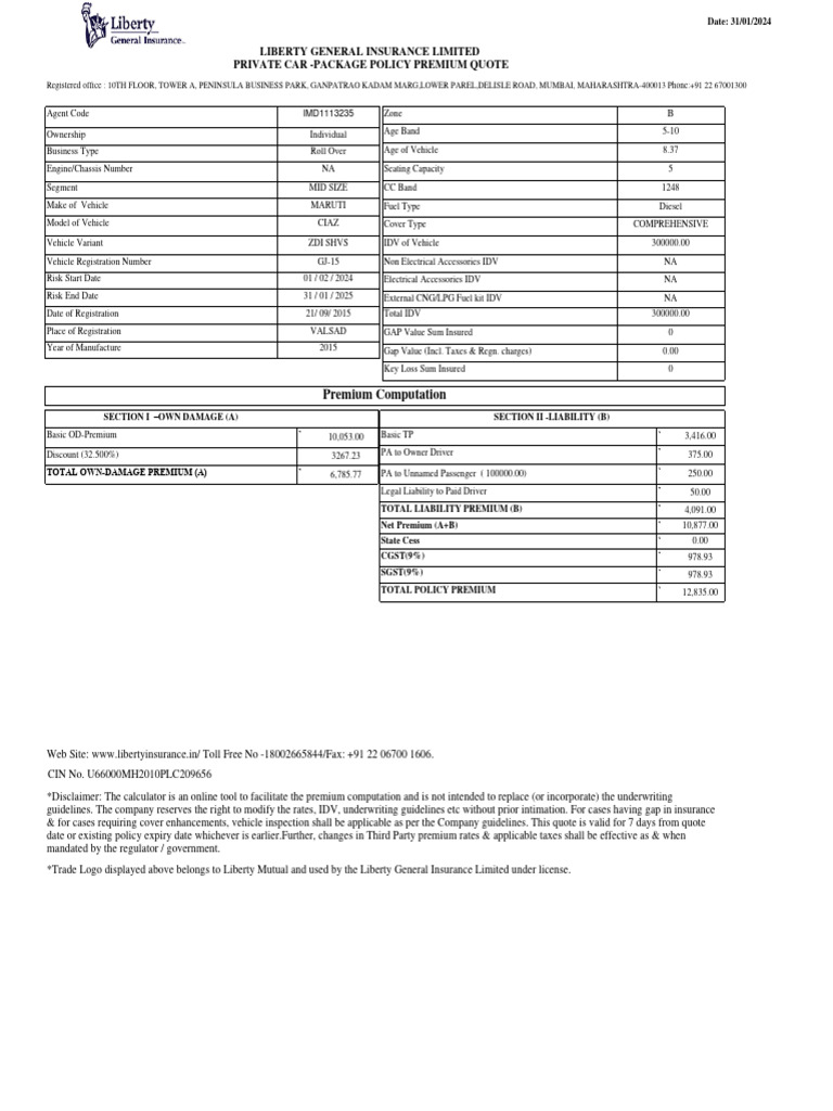 premium-computation-liberty-general-insurance-limited-private-car