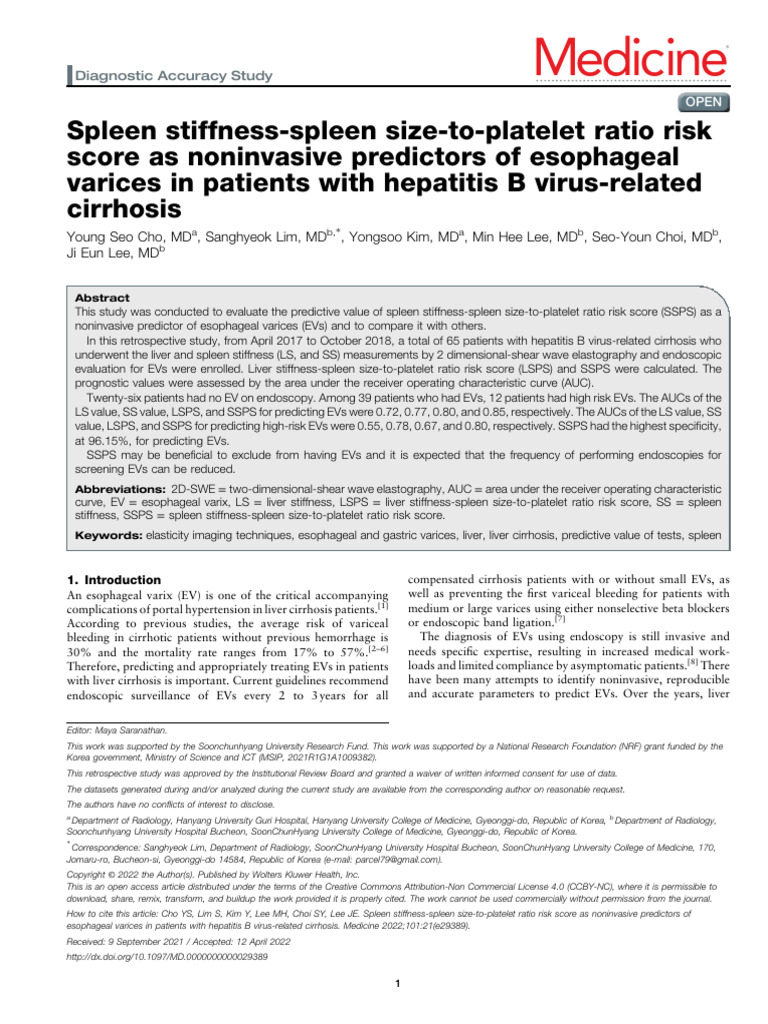 Spleen Stiffness-Spleen Size-To-platelet Ratio Risk | PDF | Cirrhosis ...