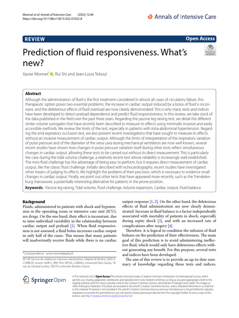 Monnet 2022 Prediction of Fluid Responsiveness | PDF