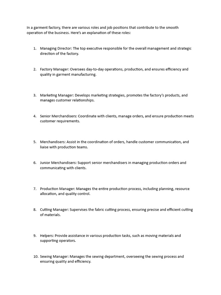 Workers and Their Roles in A Garment Factory | PDF | Human Resources | Marketing