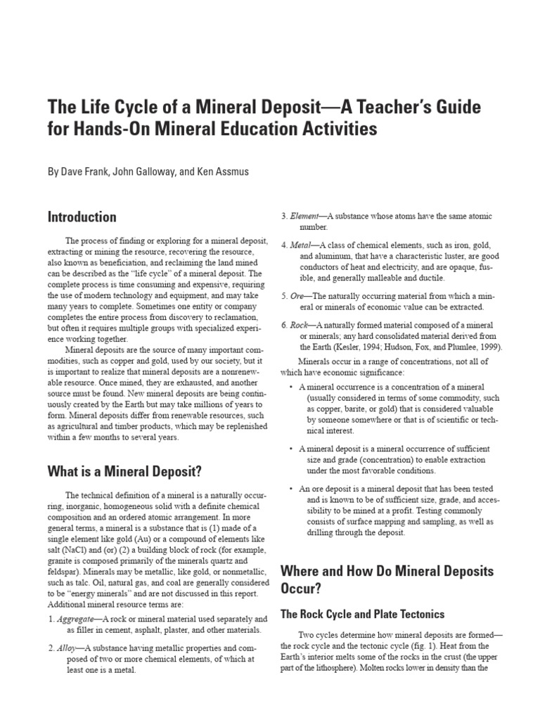 The Life Cycle of A Mineral Deposit-A Teacher's Guide For Hands-On ...