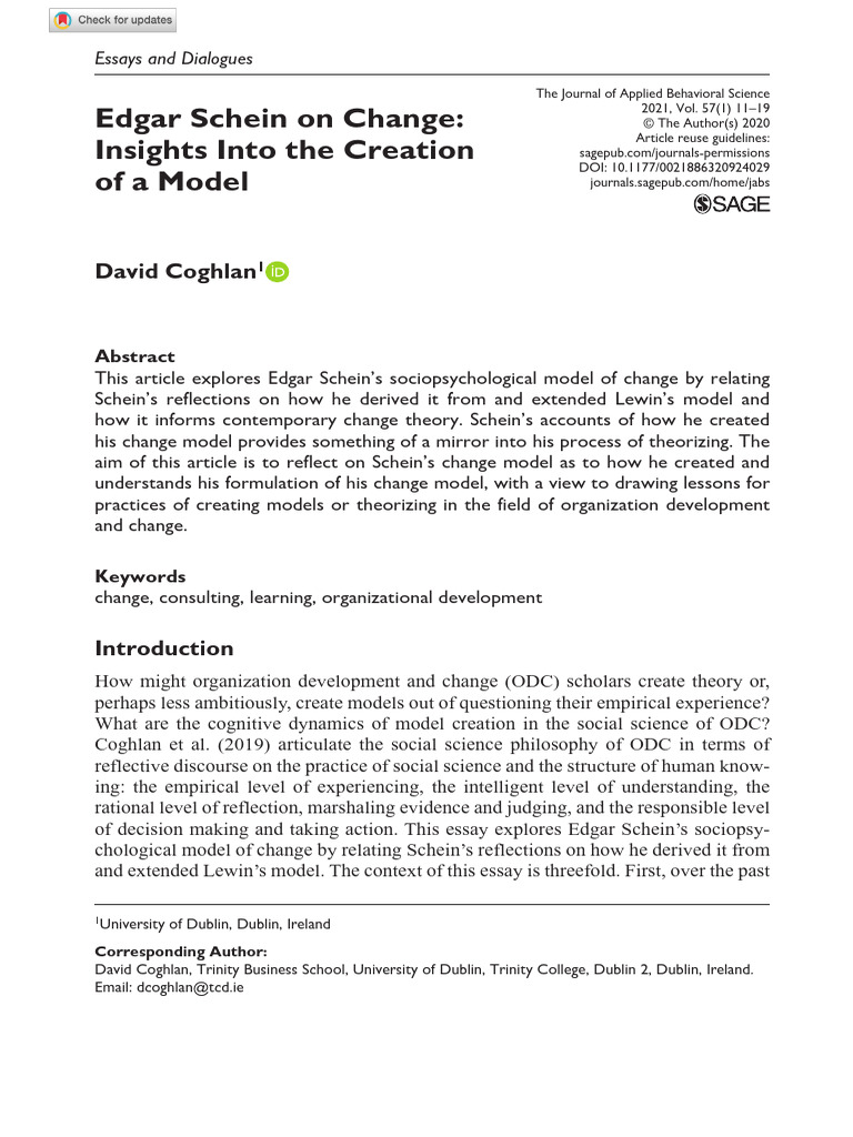 Coghlan 2020 Edgar Schein On Change Insights Into The Creation of A ...