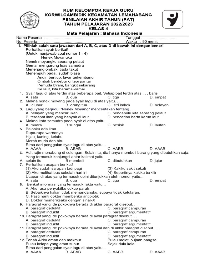 Soal Bindo Pat KLS 4 | PDF | Seni & Disiplin Bahasa