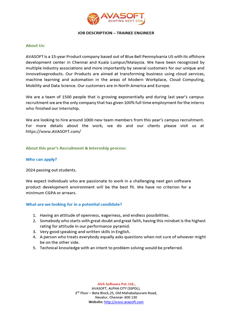 Trainee Engineer - Avasoft - 2024 | PDF | Internship | Job Hunting Trainee Engineer - Avasoft - 2024 | PDF | Internship | Job Hunting