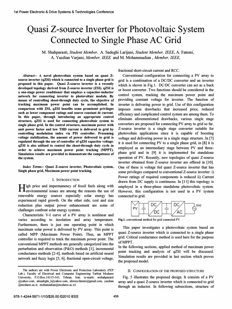 Shahparasti Et Al 2010 Quasi Z Source Inverter For Photovoltaic System Connected To Single Phase ...