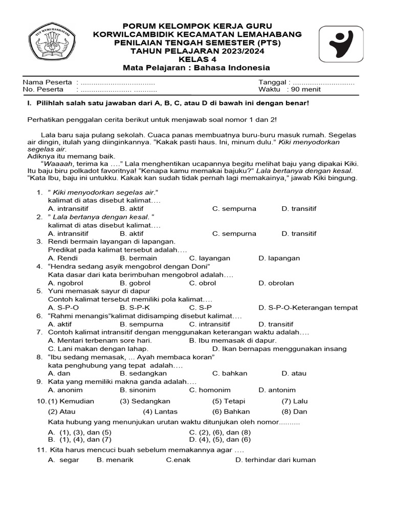 Kelas 4 Soal Bindo PTS 1 | PDF