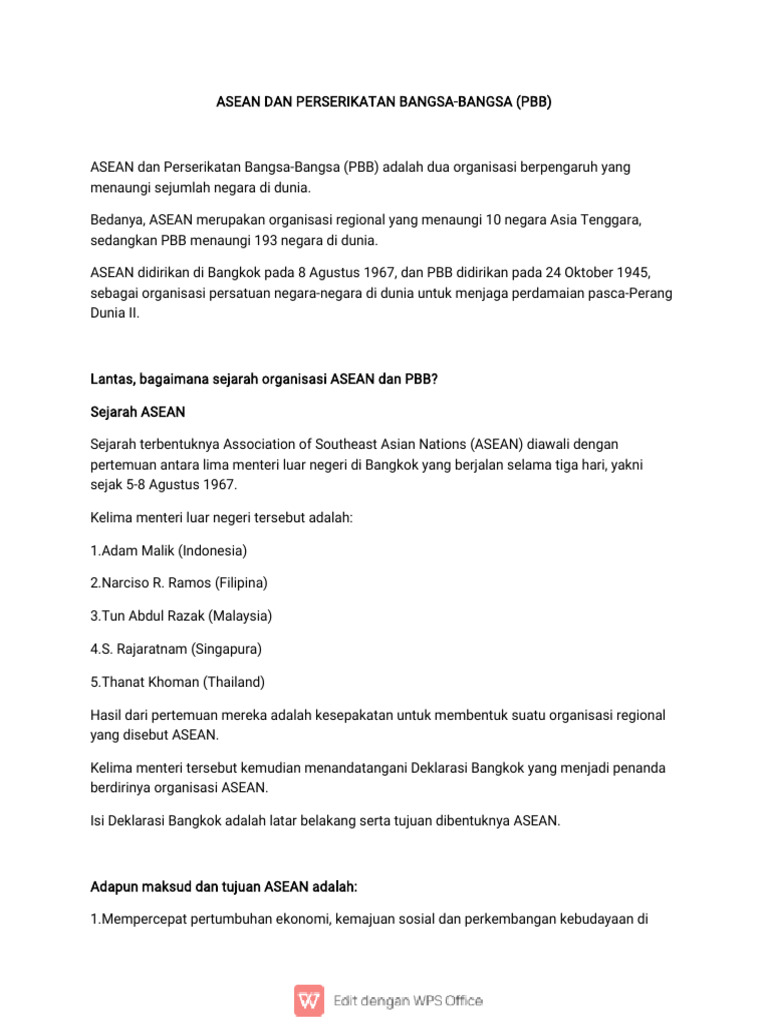 Sejarah ASEAN dan PBB: Perbandingan Organisasi | PDF