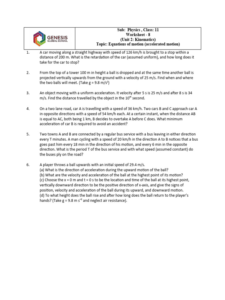 Unit - 2, Equations of Motion, 2020-21 | PDF