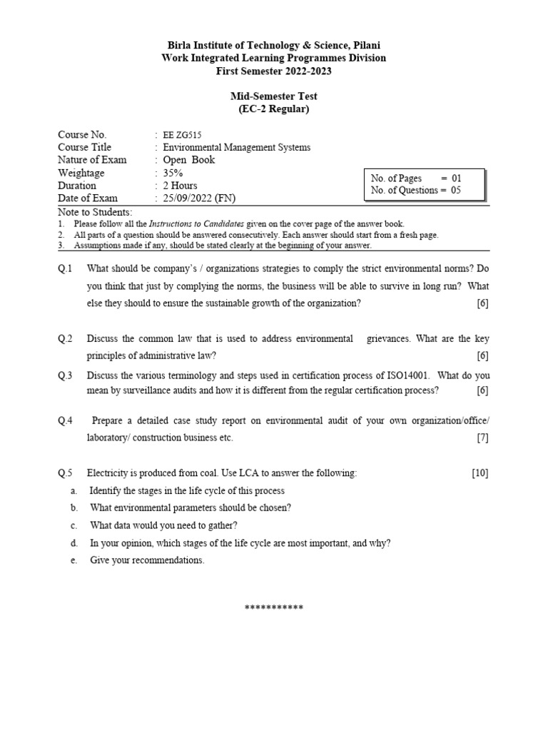 Ee Zg515 Ec 2r First Sem 2022 2023 Pdf Life Cycle Assessment 
