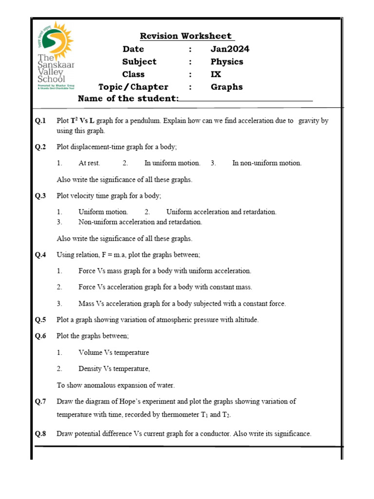 Graphs Revision Worksheet Grade 9 January 2024 | PDF